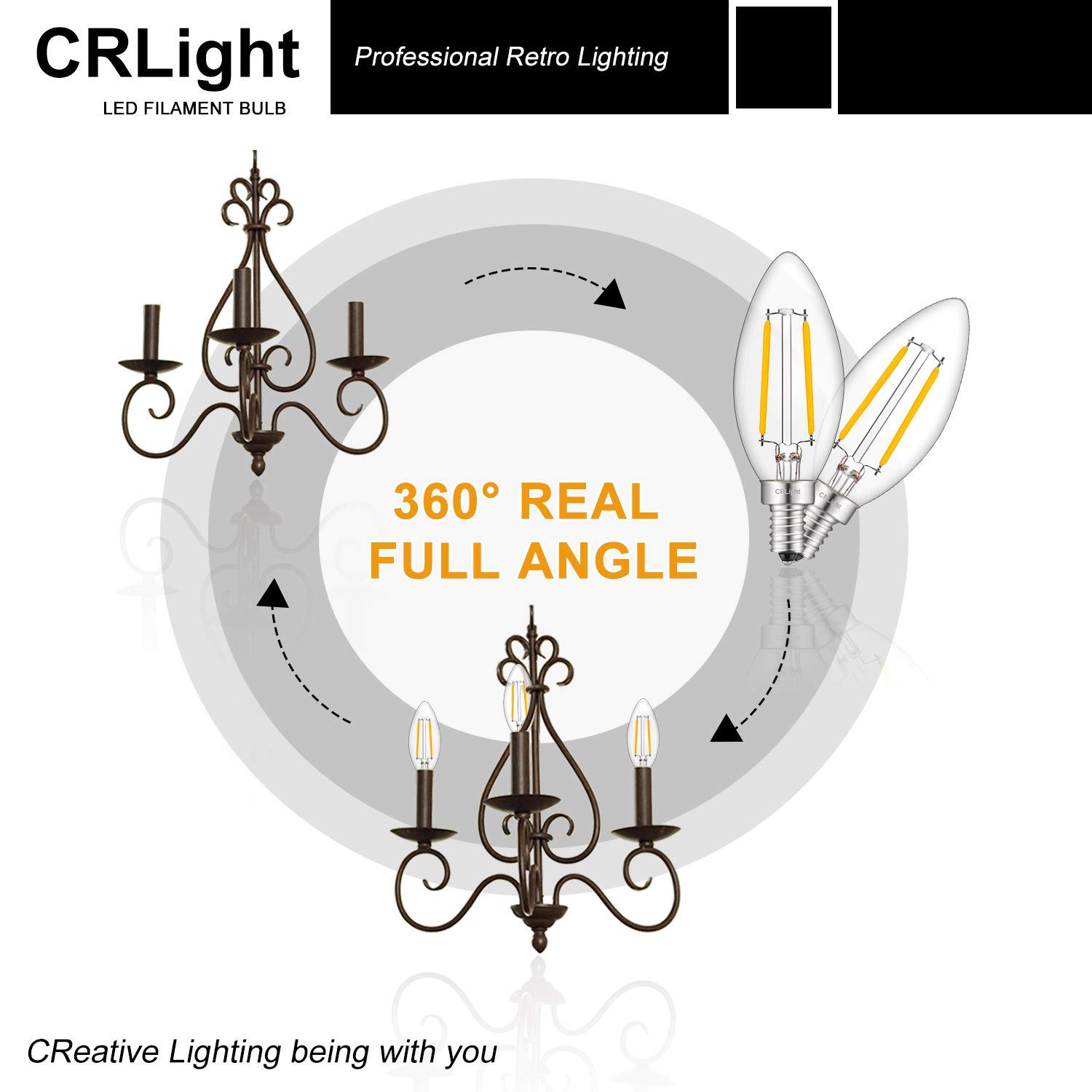 CRLight LED Candelabra Bulb 25W Equivalent 250LM, 3000K Soft White 2W LED Chandelier Light Bulbs, E12 Vintage Edison B11 Clear Glass Candle Bulbs, Non-dimmable Version, 10 Pack