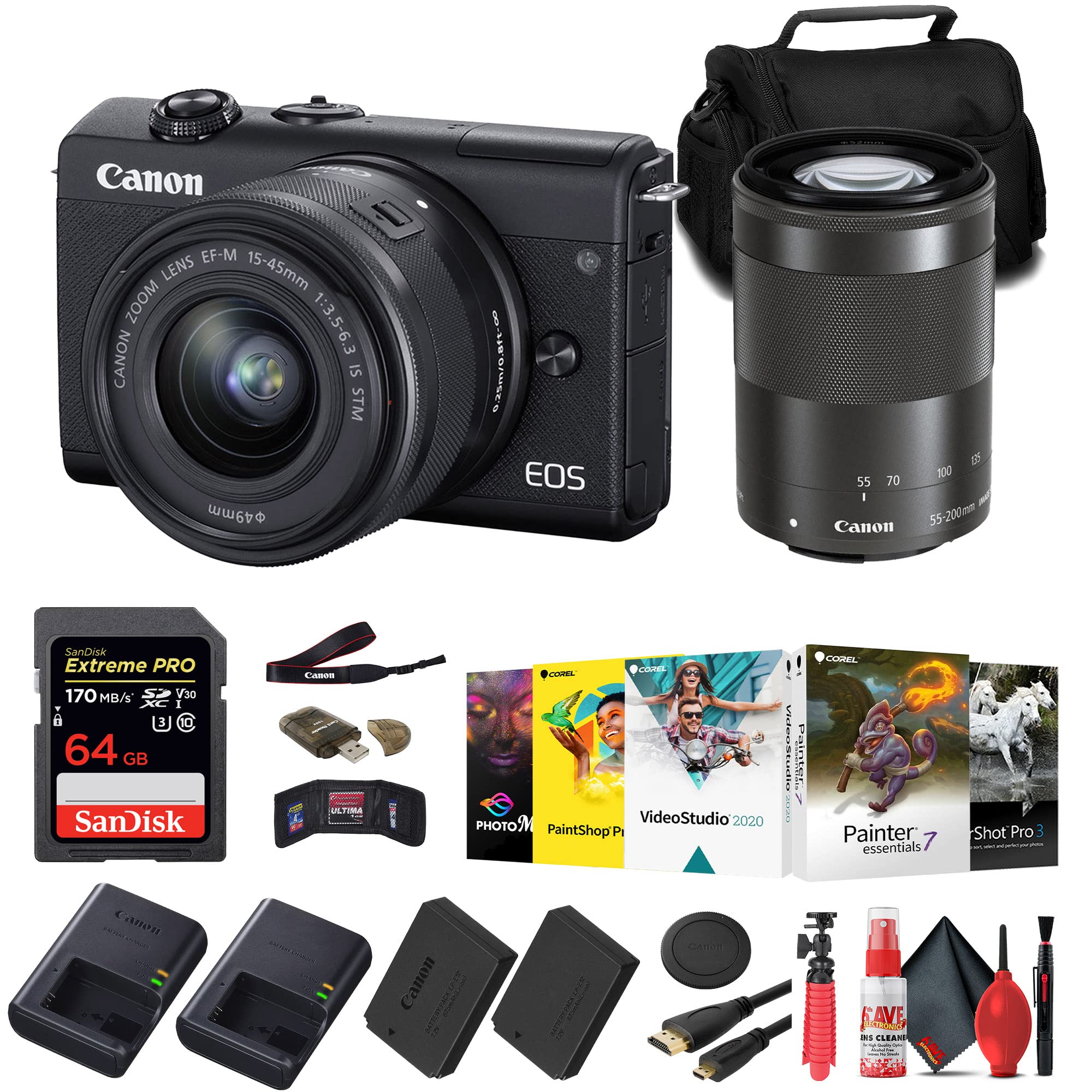 Canon EOS M200 Mirrorless Camera with 15-45mm and 55-200mm Lenses (Black) (3699C009) + 64GB Card + Charger + LPE12 Battery + Card Reader + Corel Photo Software + Case + More (Renewed)