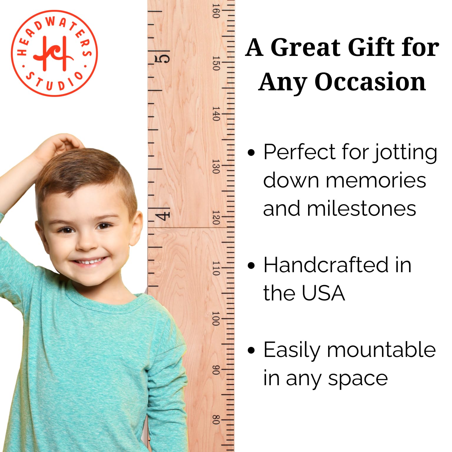 HEADWATERS STUDIO Wooden Growth Chart for Wall - Wooden Height Chart for Kids, Child Height Wall Chart, Height Measurement for Wall, Kids Sizing Chart, Height Ruler for Wall - Natural (63"x5.75")