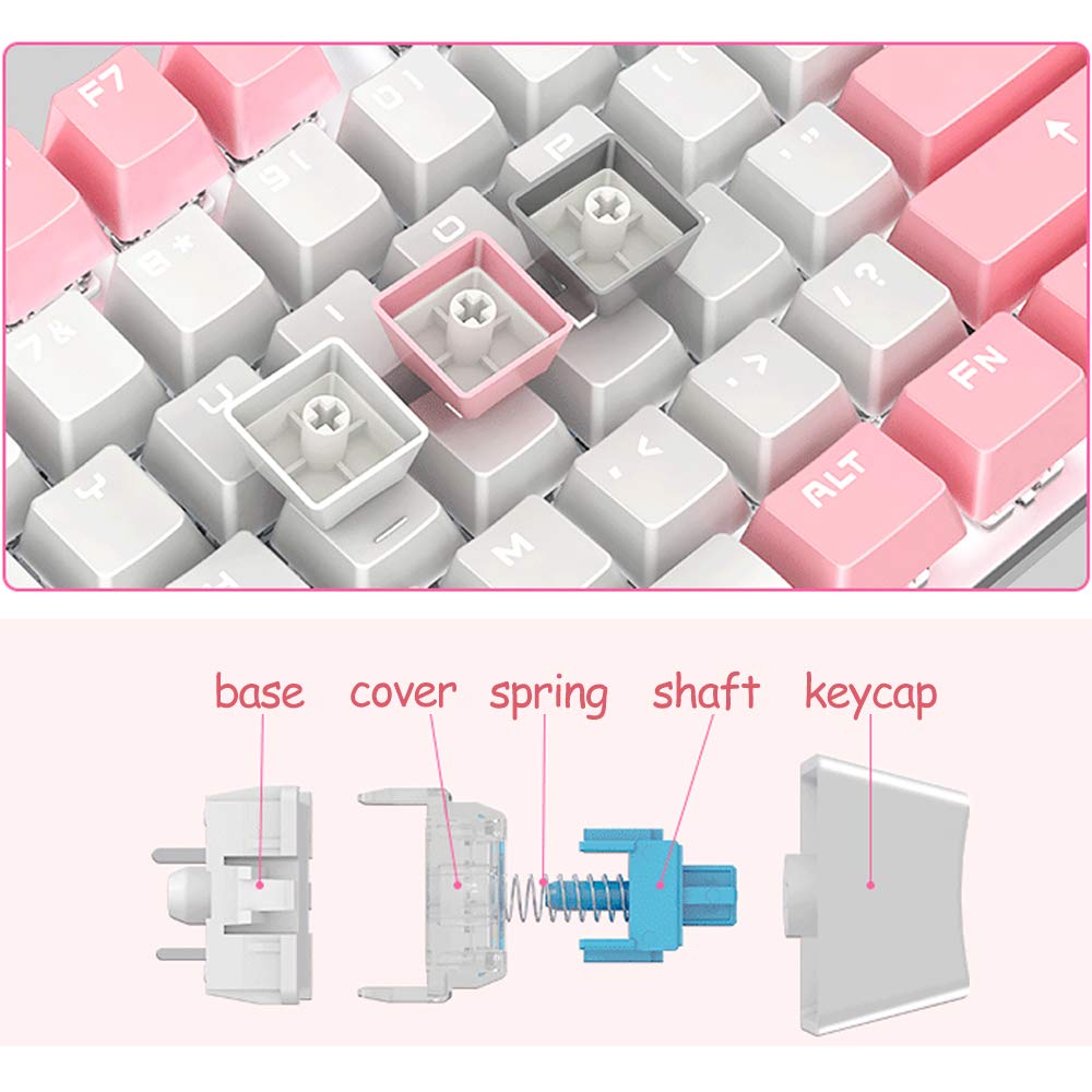 CCTECH Mechanical Gaming Keyboard,USB Wired,Magnetic Wrist Rest,Pure White Backlight Classic Keycaps,for Gaming,Office and Home,Dedicated Media Keys. (Pink)