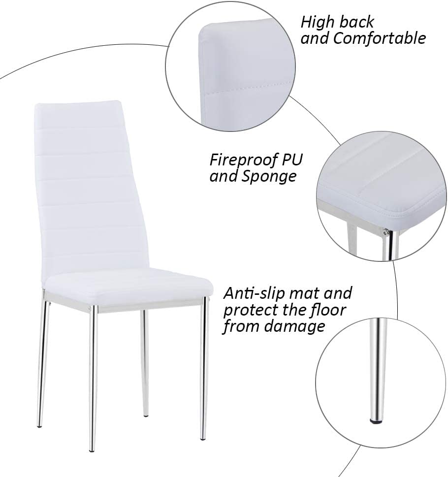 NIERN Glass Dining Table Set for 4, Modern 5-Piece Rectangular Kitchen Table Set with 4 upholstered high-Back Chairs for Kitchen Dining Room (White Table with White Chair)