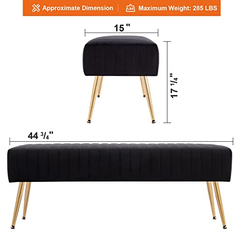 Furnimart 44 Inch Velvet Bench Ottoman Comfortable Footrest Stool Table Bench Dining Bench Tufting Bench Indoor Bench with Gold Legs for Living Room Bedroom Entryway (Velvet-Black)