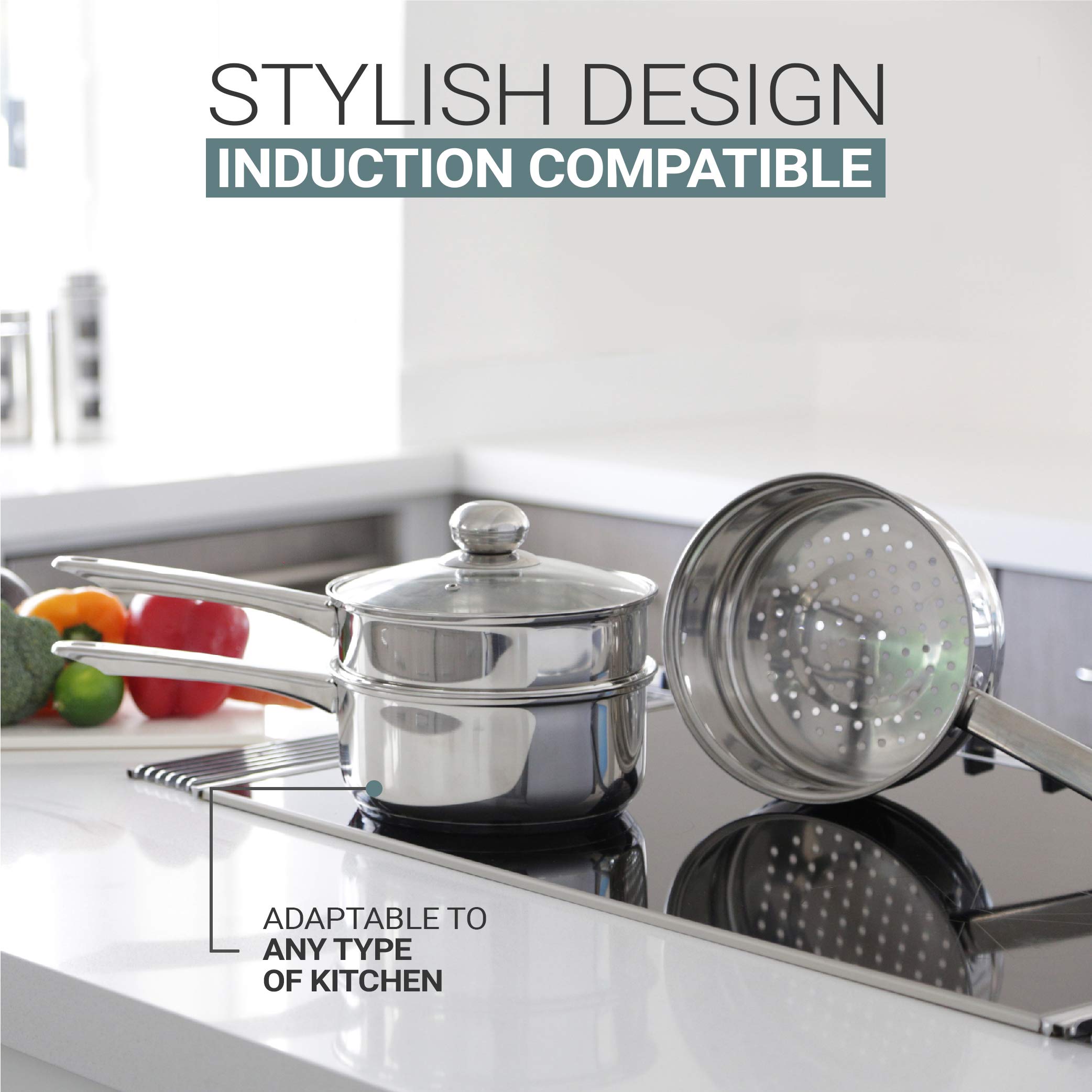 Double Boiler & Steam Pots for Chocolate and Fondue Melting Pot, Candle Making, Stainless Steel Steamer with Tempered Glass Lid for Clear View while Cooking, Dishwasher (3 Qts & 4 Pieces)