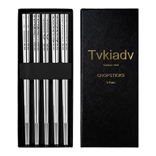 Tvkiadv Metal Chopsticks 5 Pairs Stainless Steel Reusable Chopsticks Laser Engraved Square Lightweight Non-Slip Chop Sticks Gift Set Dishwasher Safe for Cooking