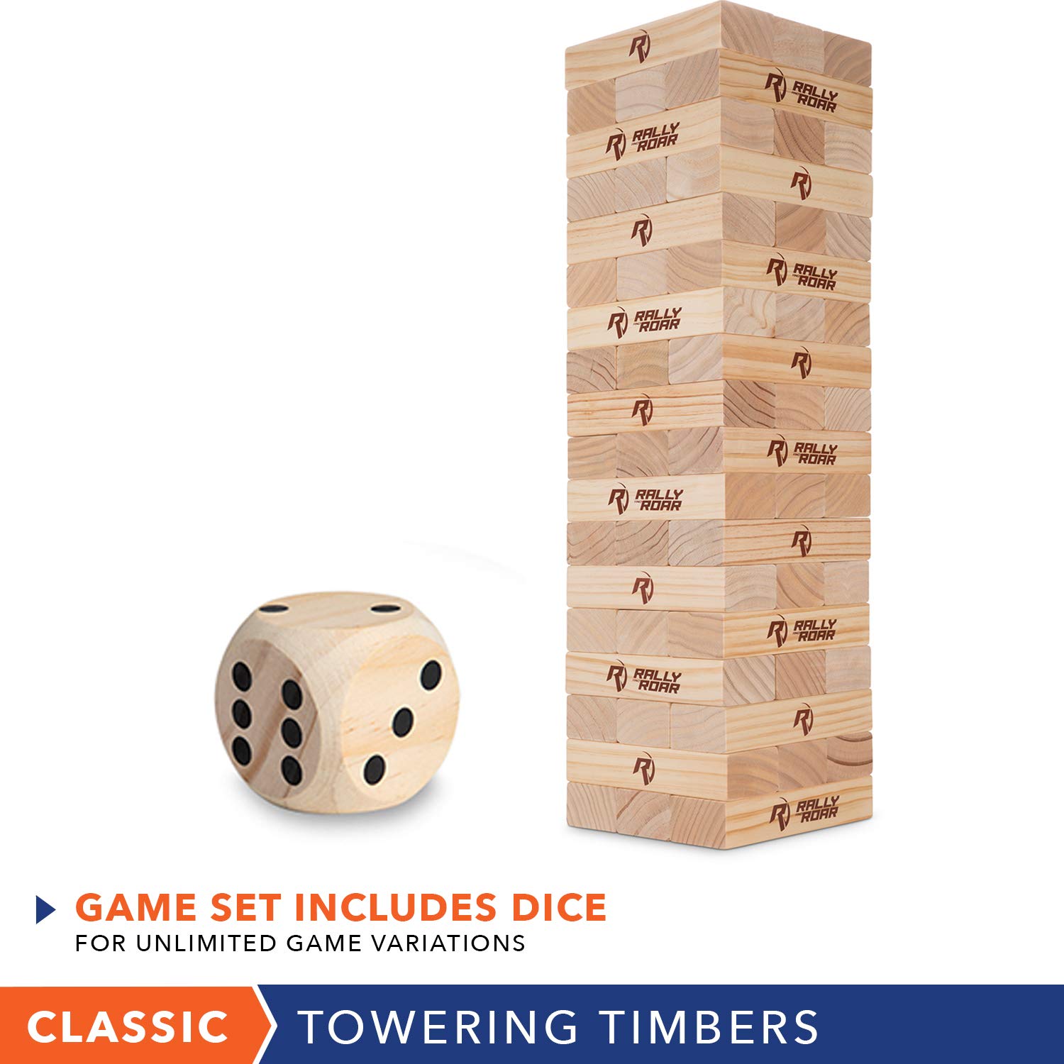 Rally and Roar Towering Timbers Giant Tumbling Timbers Game 2.5 feet Tall (Build to Over 5 feet) Classic Wood Version - for Adults, Family Stacking Blocks Set w/Canvas Bag