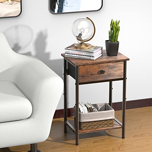 Night Stand Bedside Table with Drawers End Table for Small Space Side Tables Nightstand with Wood Open Storage Shelf, Rustic Side Table for Bedroom, Living Room, Study, Office, Pantry