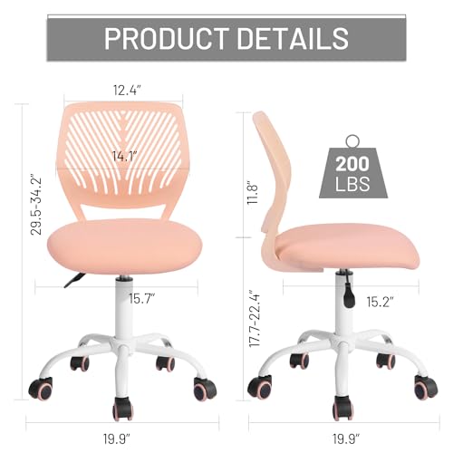 FurnitureR Desk Chair Small Study Chairs Armless for Child Kids Teens, Swivel Rolling Lightweight Task Chair with Wheels and Mesh Padded Cushion, Orange Rose