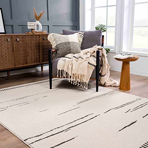 Hauteloom Munich Modern Farmhouse Living Room Bedroom Dining Room Area Rug - Casual Boho Look Carpet - Bohemian Neutral Minimalist - Bone, Cream, Beige, Black - 7'10" x 10'