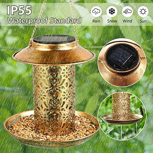 Enhon 2 Pack Solar Bird Feeder for Outdoors Hanging, Metal Wild Bird Feeder for Cardinals, Weather Resistance Solar Backyard Garden Lantern Light Decoration with S Hook as Gift Ideas for Bird Lovers