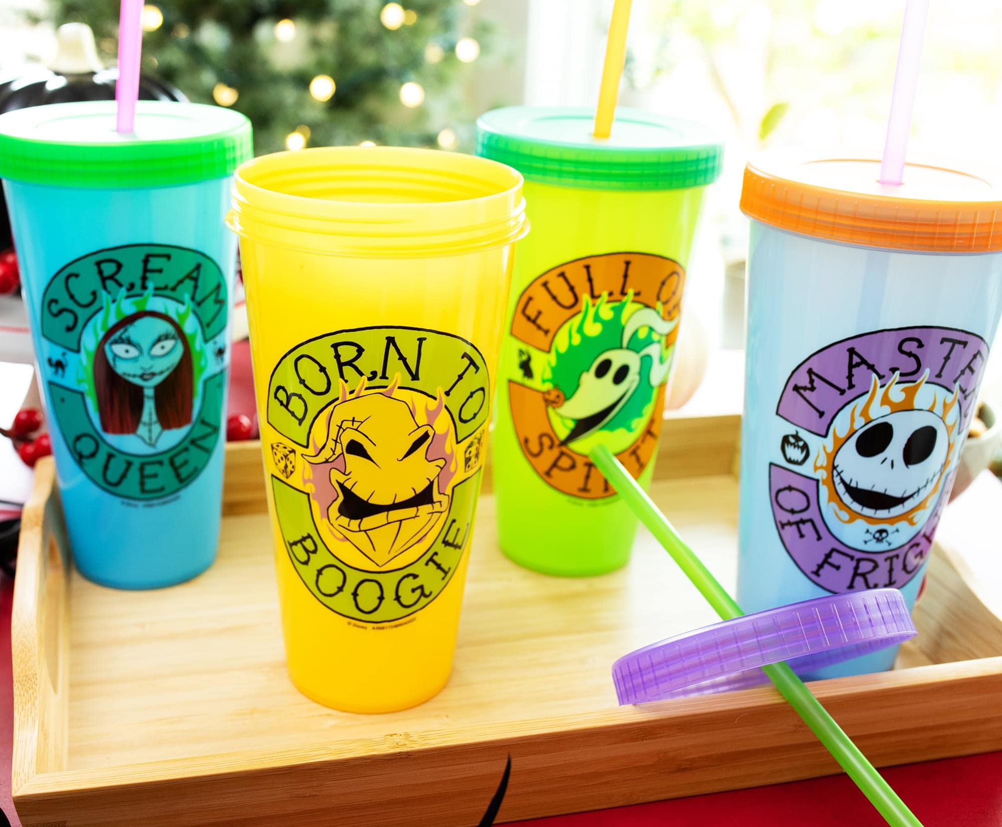 Disney The Nightmare Before Christmas Townsfolk Color-Changing Plastic Tumbler Cups, Set of 4 | Include Reusable Straw and Leak-Resistant Lid