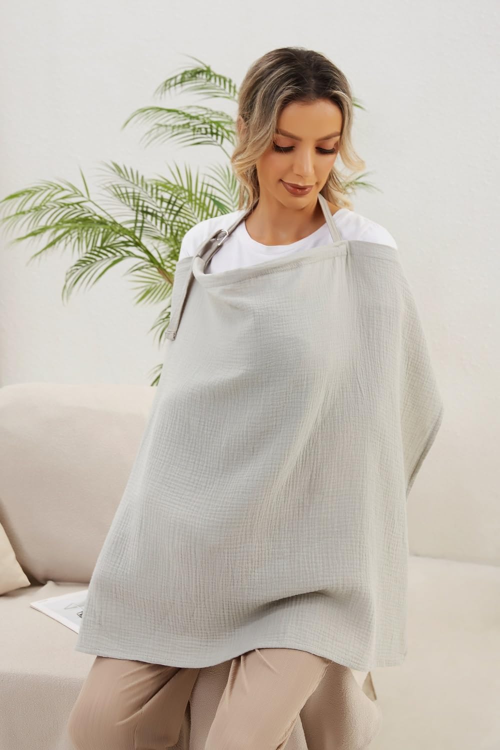 CCYLTL Muslin Nursing Cover for Breastfeeding - Privacy Breathable Breastfeeding Cover with Arch Neckline for Mom Muslin Cotton and Multi-use Adjustable Privacy Nursing Apron, Grey