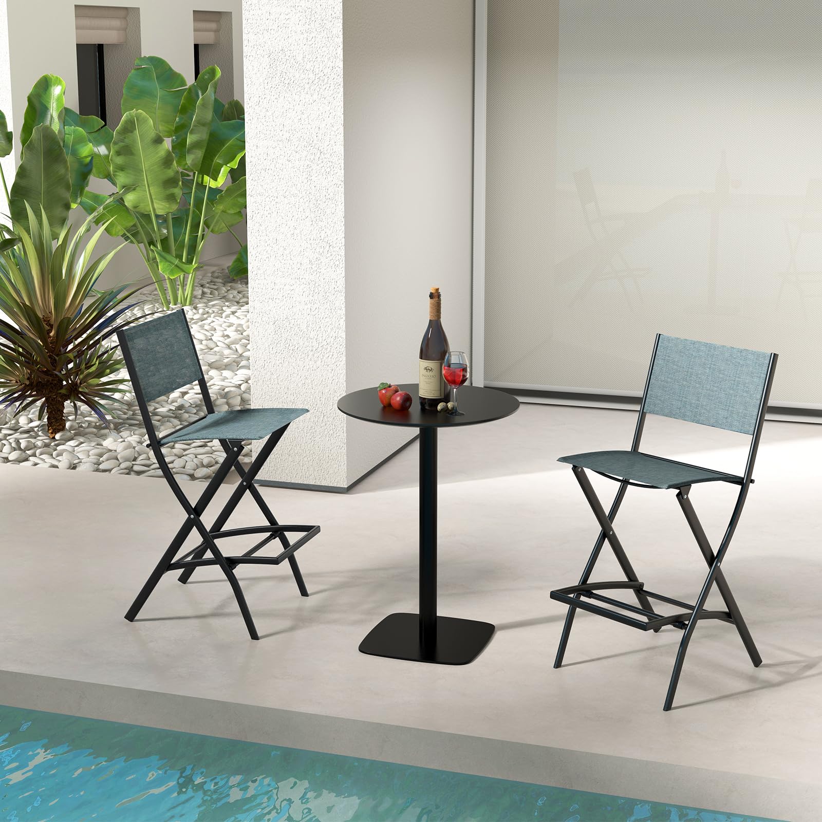 Giantex Folding Patio Bar Chairs Set of 4, Outdoor Counter Height Bar Stools with Footrest & Back, All-Weather Textilene, Metal Frame, for Porch Deck Lawn Garden, Light Blue