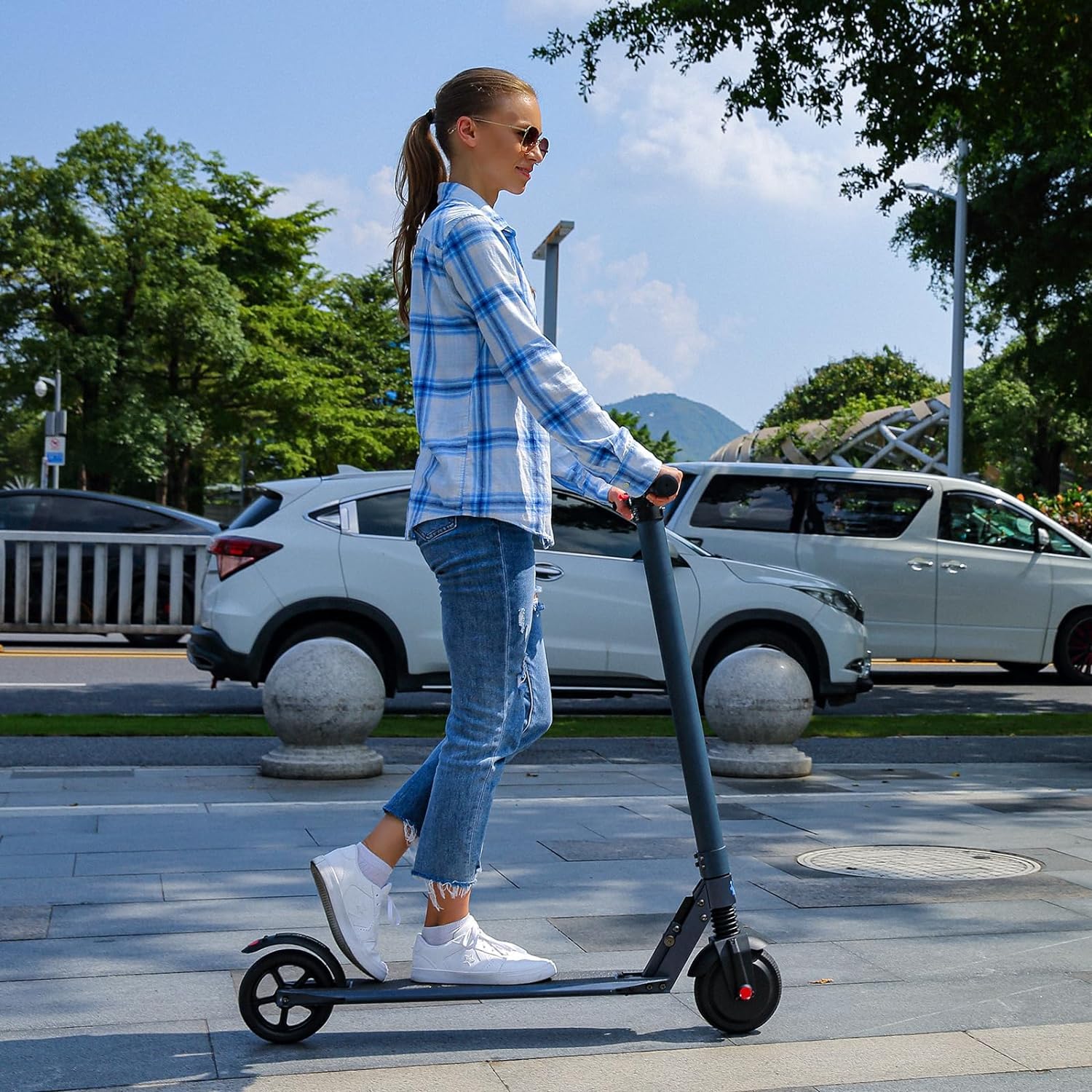 Caroma Electric Scooter 250W(400W Peak), Max 15.5 Miles Range & 15 MPH, 6.5" Solid Tire, Foldable Electric Scooter for Aduls & Kids, Commuting E Scooter for Adults with Braking System (Matte Blue)