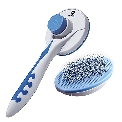 MY MUFFIN Self Cleaning Cat and Dog Grooming Brush for Mats and Tangled Hair, Soft Bent Needles for Pet Massage, Skin Friendly, Shedding Brush for sensitive Medium and Short Hair, Cepillo Para Gatos
