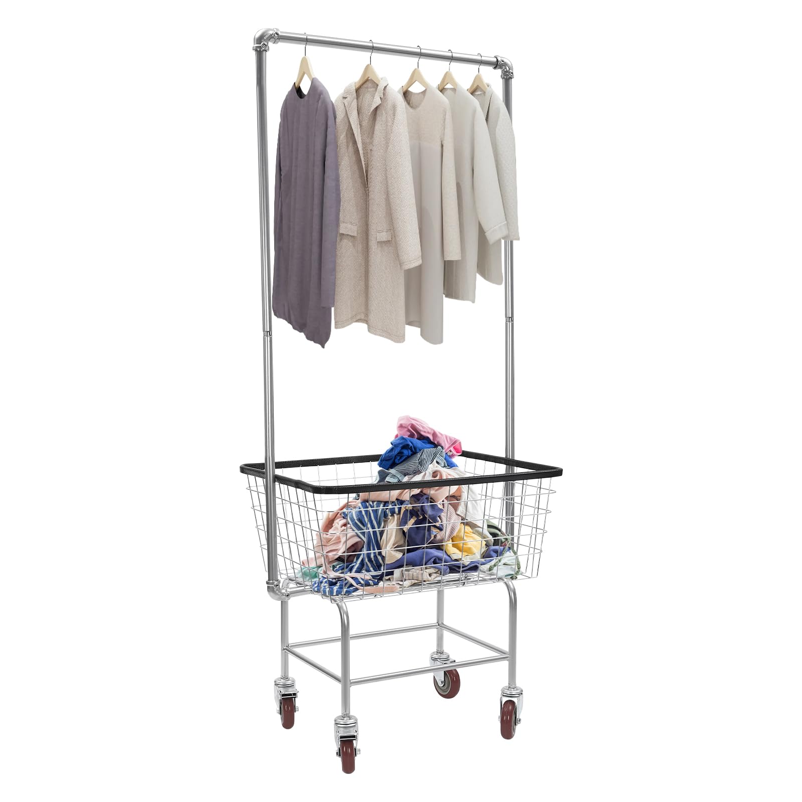 Heavy Duty Wire Laundry Cart, Rolling Laundry Basket with Hanging Garment Rack & Universal Wheels, Commercial Laundry Hamper Cart, Freestanding Laundry Storage and Organization