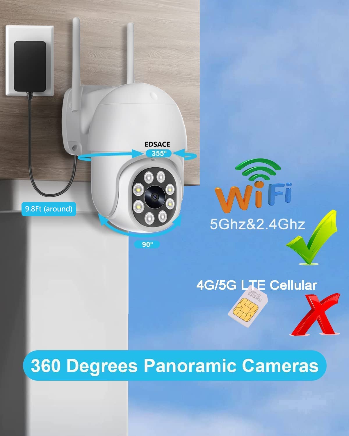 EDSACE Dome Cameras 5G Outdoor Wireless Security Camera with Two Way Audio, Continuous Recording, 24/7 Monitoring, IP Camera for Home Security