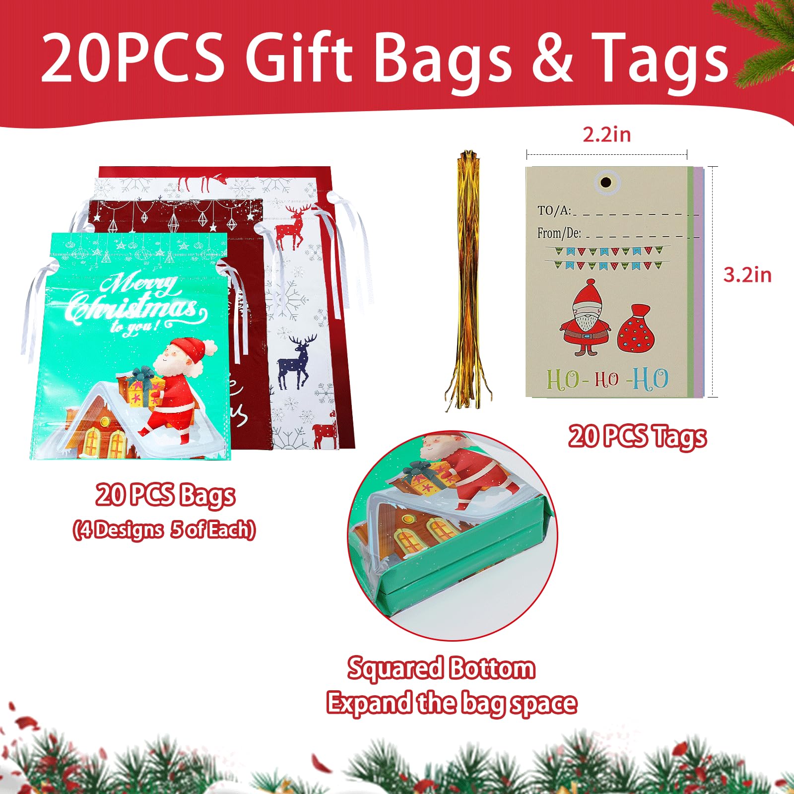 Christmas Gift Bags Assorted Sizes - 20PCS Drawstring Christmas Bags for Presents, Christmas Wrapping Bags Bulk, Plastic Xmas Favor Bags, 4 Designs (5 of Each) Extra Large/Big/Medium/Small Sizes