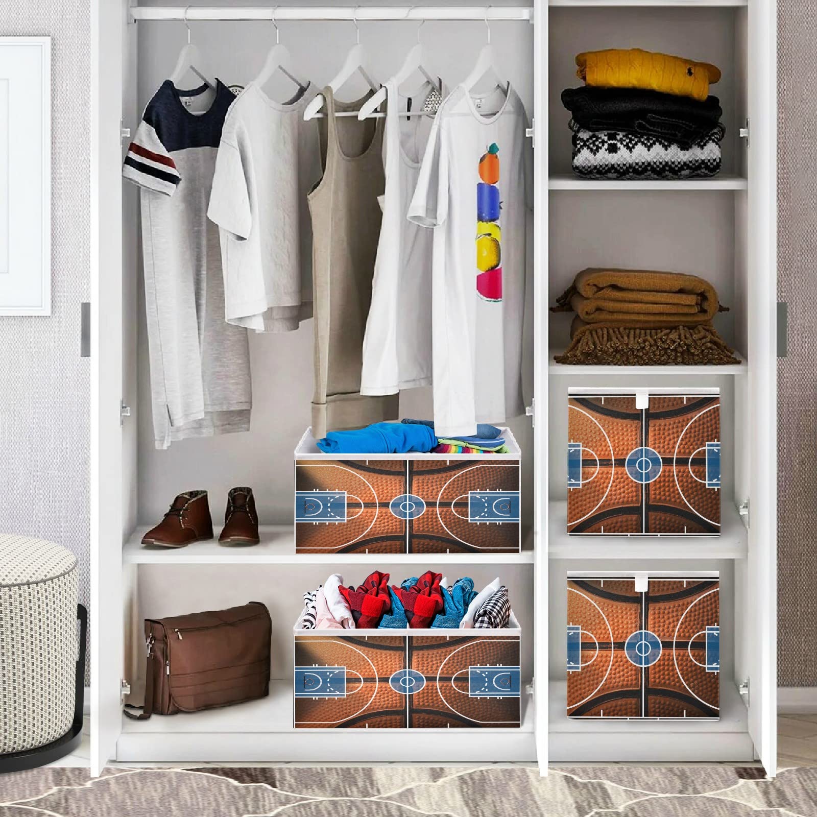 Emelivor Basketball Cube Storage Bin Collapsible Storage Bins Waterproof Toy Basket for Cube Organizer Bins for Nursery Toys Kids Books Closet Shelf Office - 11.02x11.02x11.02 IN