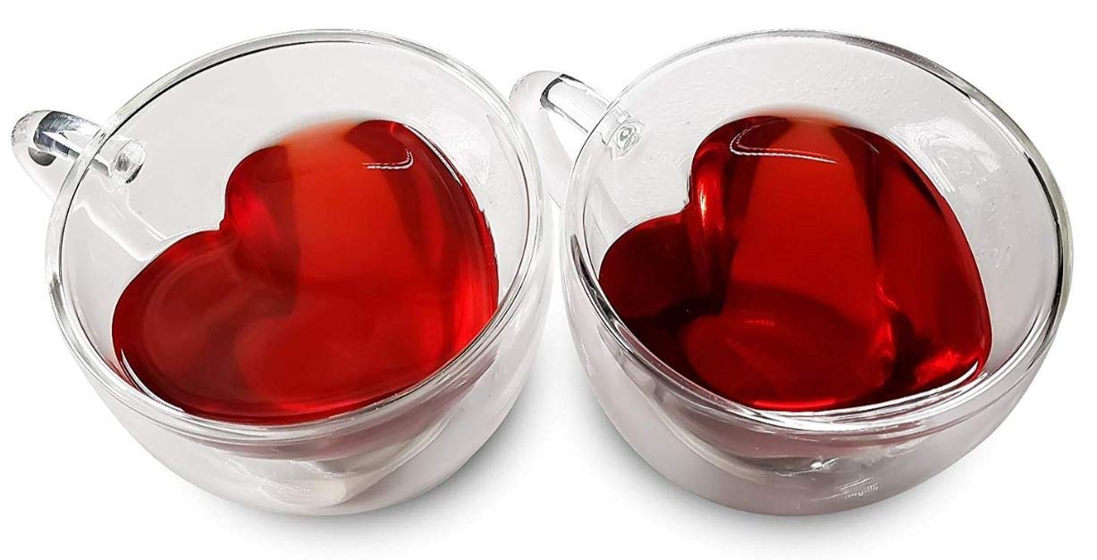 ECO NAVA Set of 2 Pack Creative Heart Shape Design Double-Layer Transparent Double Wall Drinking Glass Cup Mug (7 oz, 180 ml) for Coffee, Tea