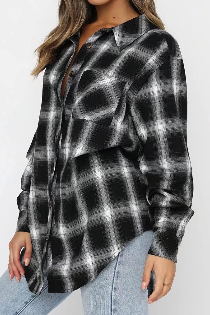 CHYRII Womens Button Down Flannel Shirts Long Sleeve Plaid Shacket Business Casual Tops Black XL