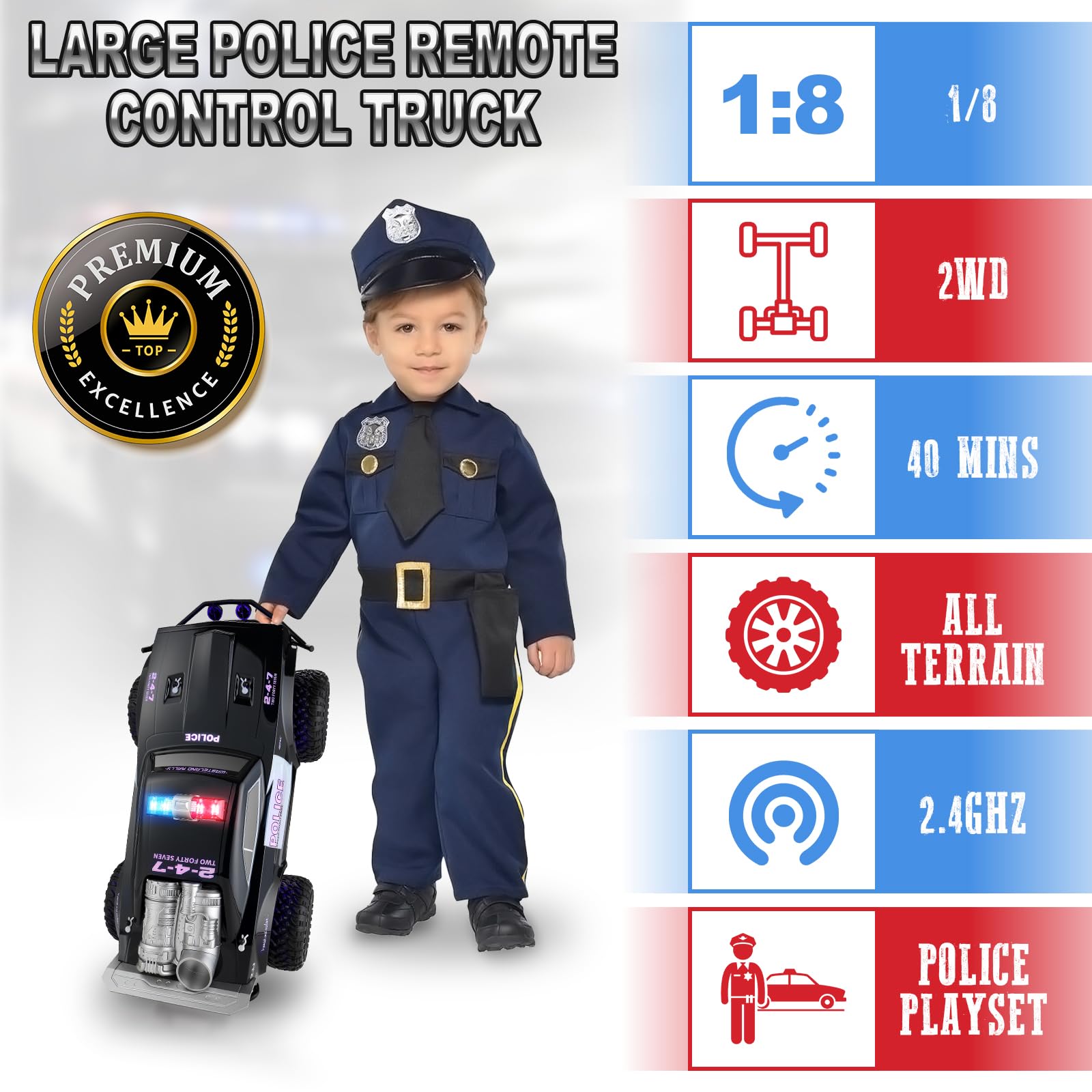 Carox Remote Control Car Large Size, 1/10 Big RC Trucks,15km/h with Two 7.4V Batteries, 2.4Ghz All Terrain Big Tires Remote Control Car, LED Headlight Buggy, Gift for 6-12 Boys,OX41
