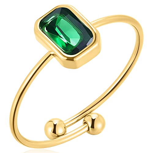 EASYHAUTE Emerald Rings for Women 14K Gold Plated Cut Green Gemstones Rings High Polish Non Tarnish Adjustable Open Stackable Ring Jewelry Gift for Women, Size7