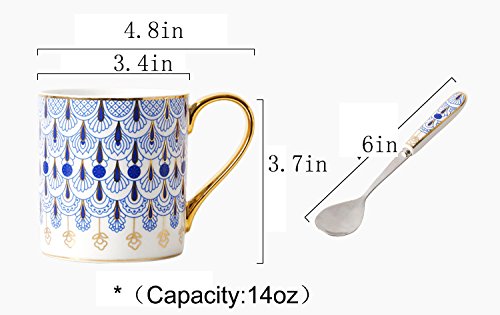 CHOOLD British Style Blue Floral Porcelain Coffee Mug with Golden Handle Spoon - 12oz