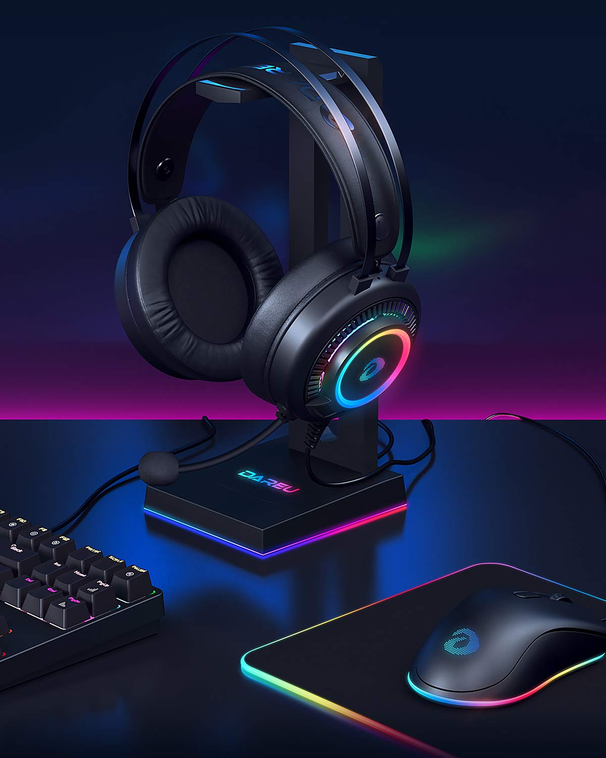 DAREU USB Gaming Headset with Microphone, RGB Light Gaming Headset with 7.1 Surround Sound, Noise Canceling Mic for PC Mac Laptop