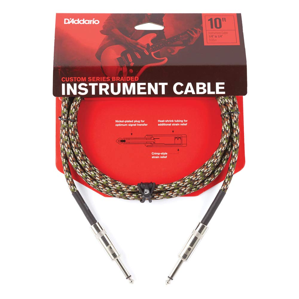 D’Addario Accessories Custom Series Braided Guitar Cable - Instrument Cable with Nickel Plated ¼ Inch Ends - Protects Guitar Cord Against Cuts, Kinking - 15 feet - Camo