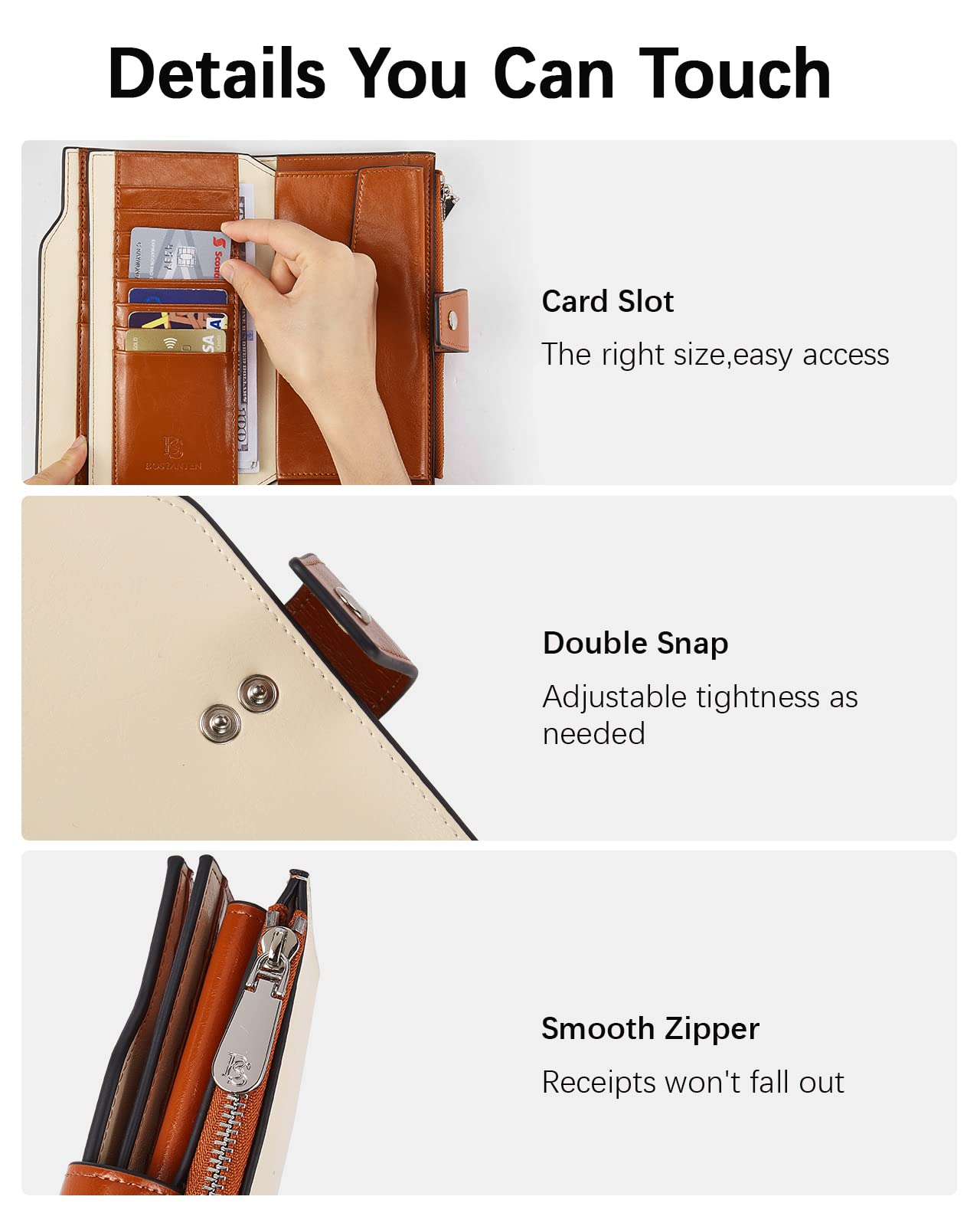 BOSTANTEN Womens Wallet Genuine Leather Wallets Large Capacity Cash Cluth Purses with Zipper Pocket Beige-Brown