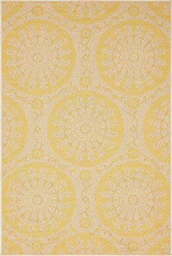 Unique Loom Outdoor Botanical Collection Area Rug - Medallion (4' 1" x 6' 1" Rectangle, Yellow/ Beige)