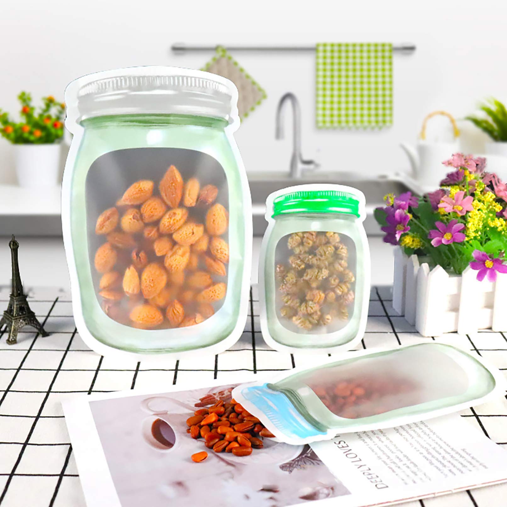 Enkrio 20 PCS Mason Jar Zipper Bags Storage Reusable Food Bag for Snack Sandwich Nuts Cookies Airtight Zipper Sealed Baggies Leak-Proof