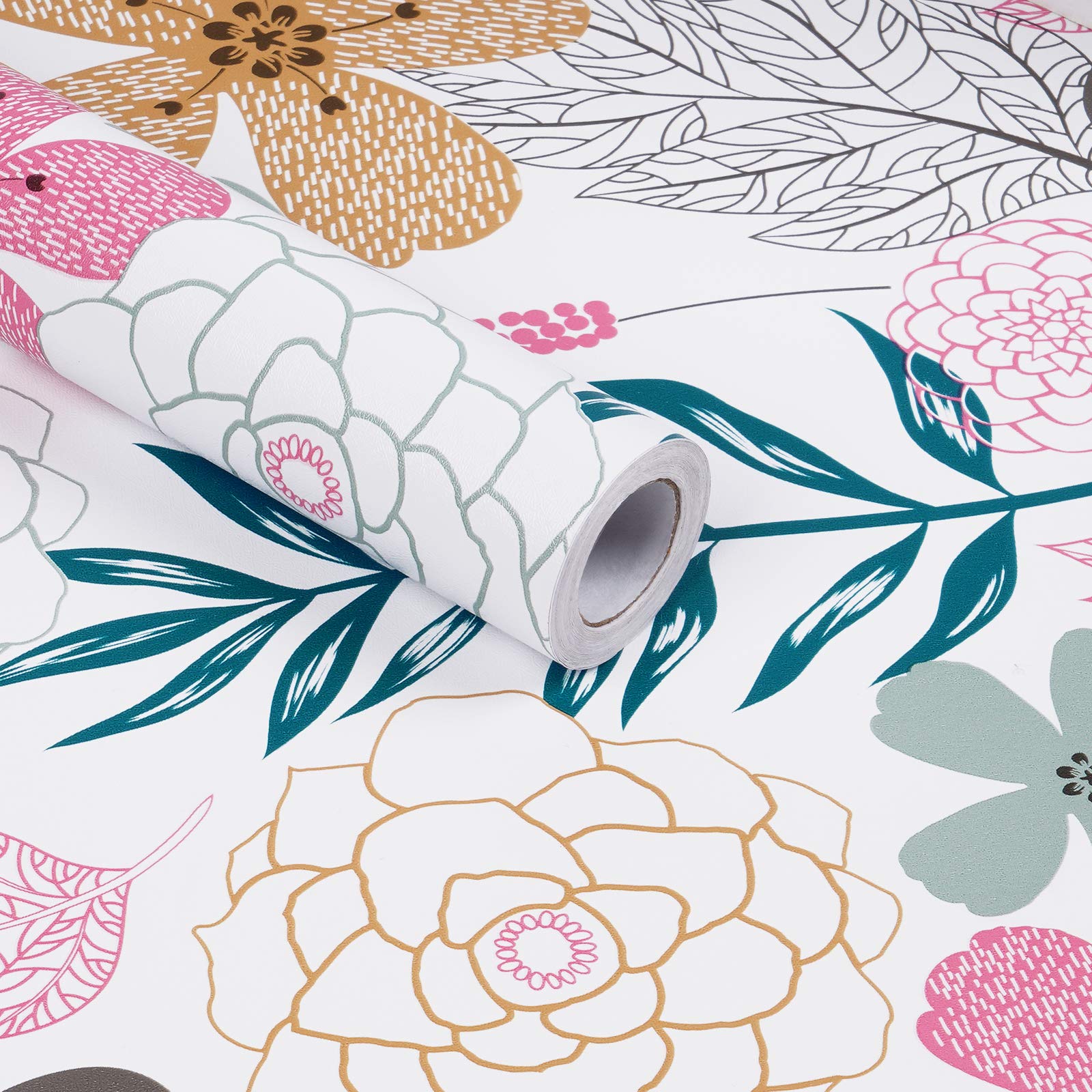 Mecpar Floral Wallpaper 17.71'' x 118'' Perennial Blooms Peel and Stick Vinyl Self Adhesive Removable Waterproof Wallpaper for Bathroom Cabinet Prepasted Decorative