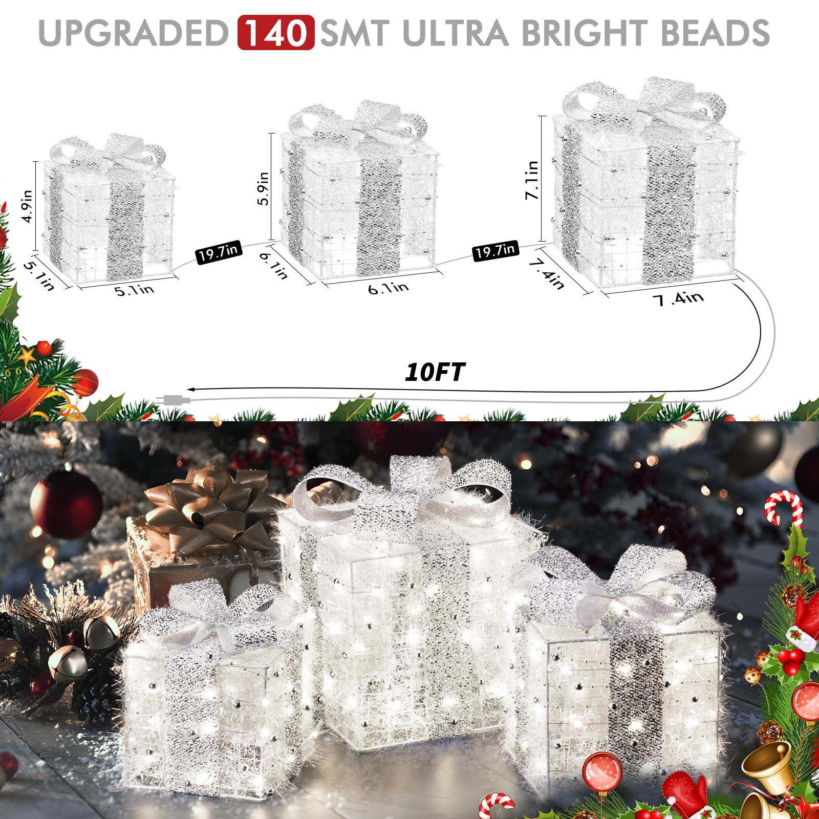 Christmas Lighted Gift Boxes, 140 LEDs Light Up Presents Christmas Decor, 8 Modes & Timer Function Plug-in Lighted Christmas Boxes, Set of 3 Christmas Decoration for Xmas Holiday Party Indoor Outdoor