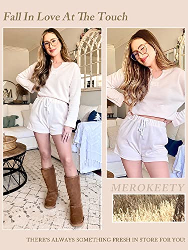 MEROKEETY Women's Long Sleeve Pajama Set Henley Knit Tops and Shorts Sleepwear Loungewear, Beige, L