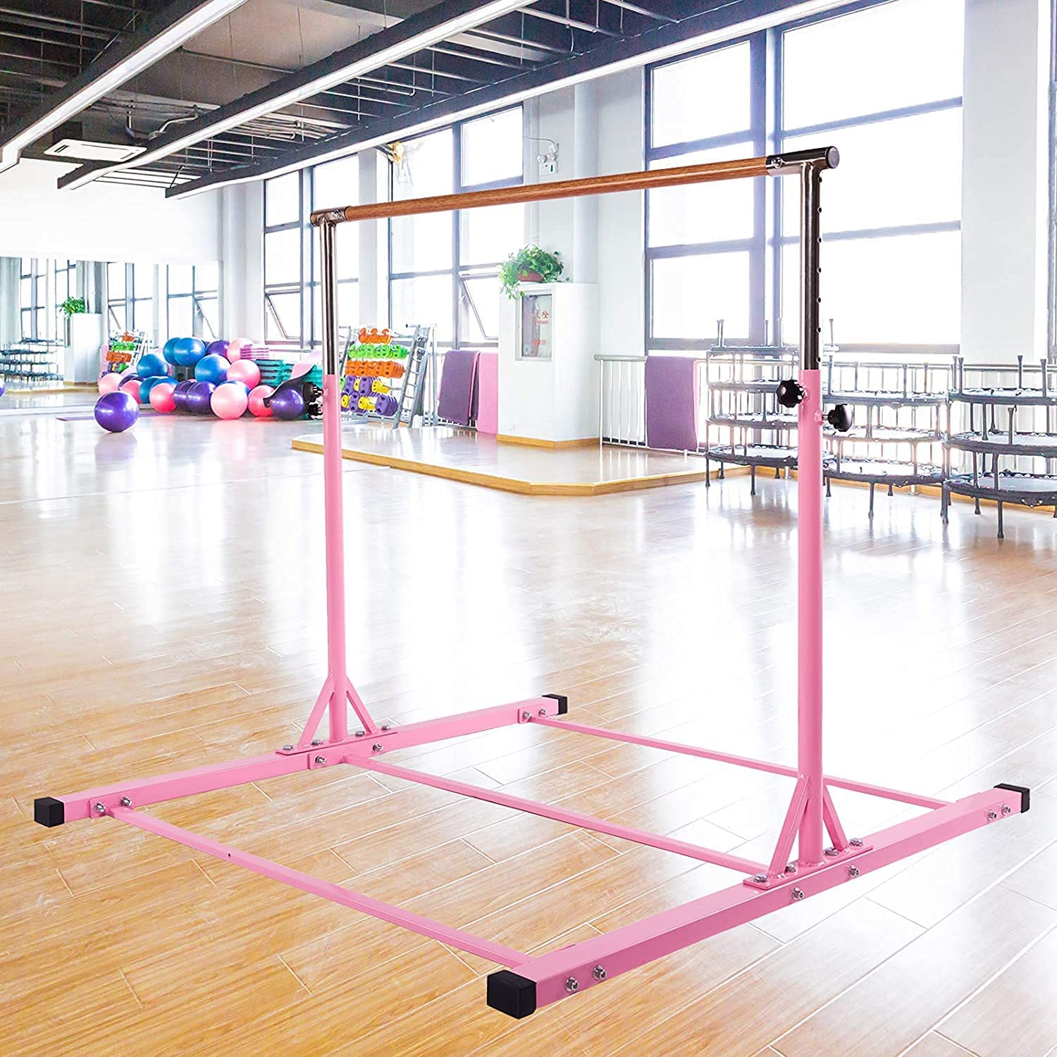 Dai&F Gymnastics Bar for Kids, Adjustable Height 3'-5' Junior Gymnastics Bars for Home, Horizontal Training Bar with Fiberglass Rail & Stainless Steel Regulating Arms