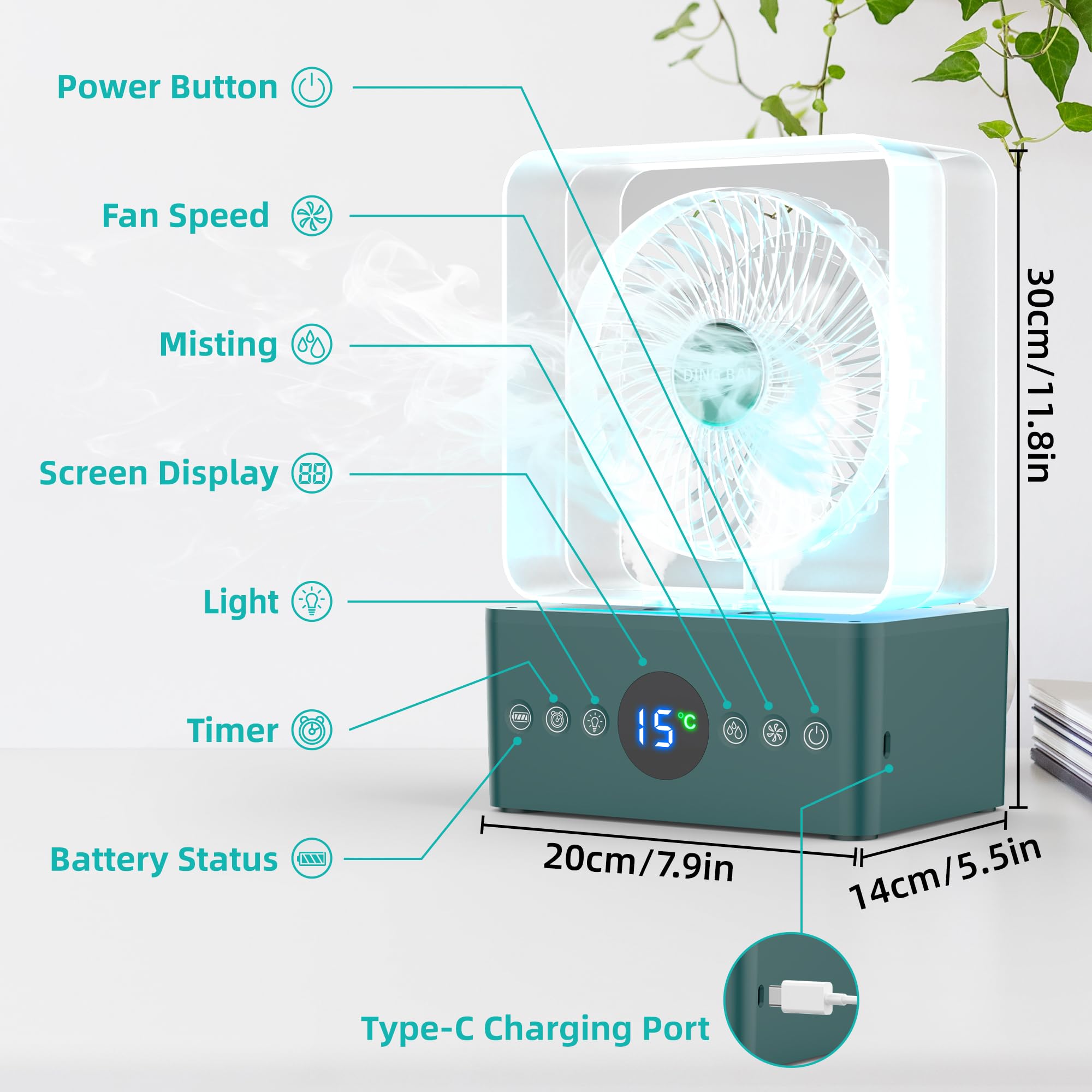 DINGBAI Portable Air Conditioner, Cooling Fan, Portable Air Conditioning Fan, Humidifying Fan, Built-in Battery, Timer, Thermometer, Water Level Monitor, Light Display, Battery Level Display.
