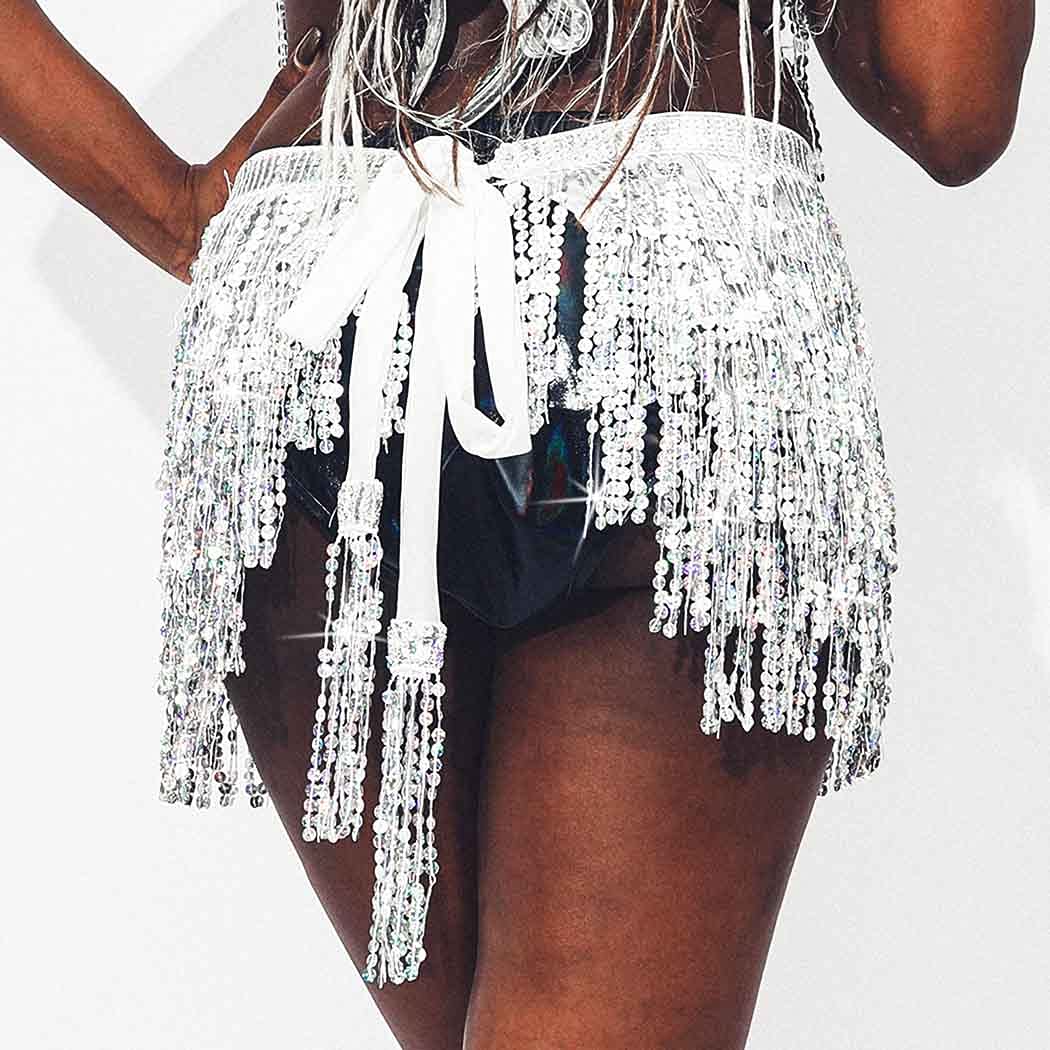 CASDRE Sequin Tassel Dance Skirt Performance Outfits for Women and Girls(Silver)