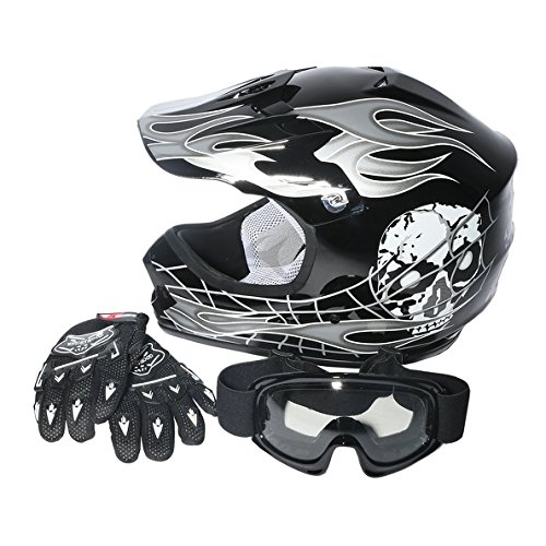 Tengchang DOT Youth Kids ATV Motocross Dirt Bike Black Skull Helmet w/Goggles+Gloves(L)
