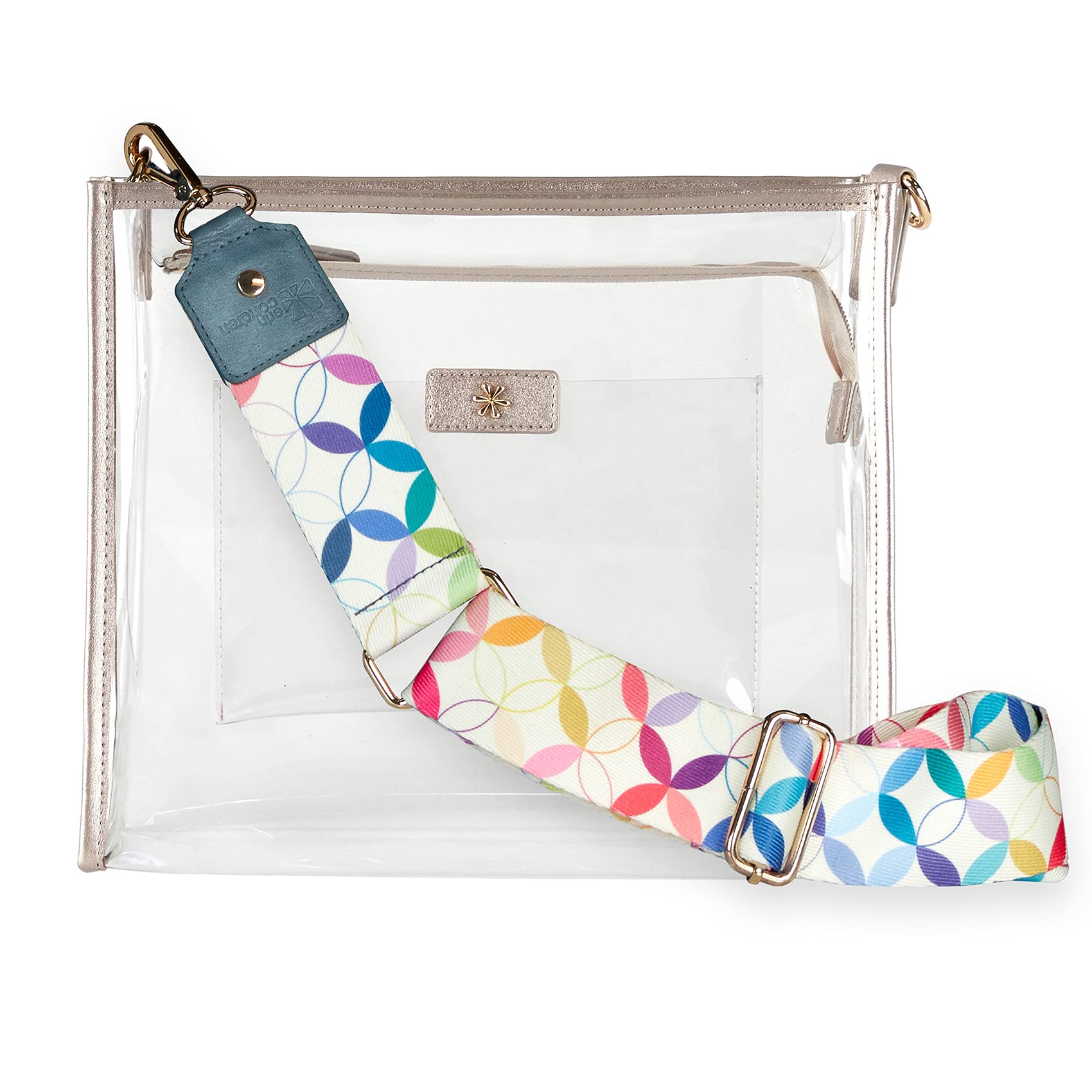 Crossbody Stadium Bag - Clear with Mid Century Circles Interchangeable Strap, Standard Stadium Size, Reusable Shoulder Bag, Includes Vegan Leather Trim & Gold Metal Hardware, by Erin Condren