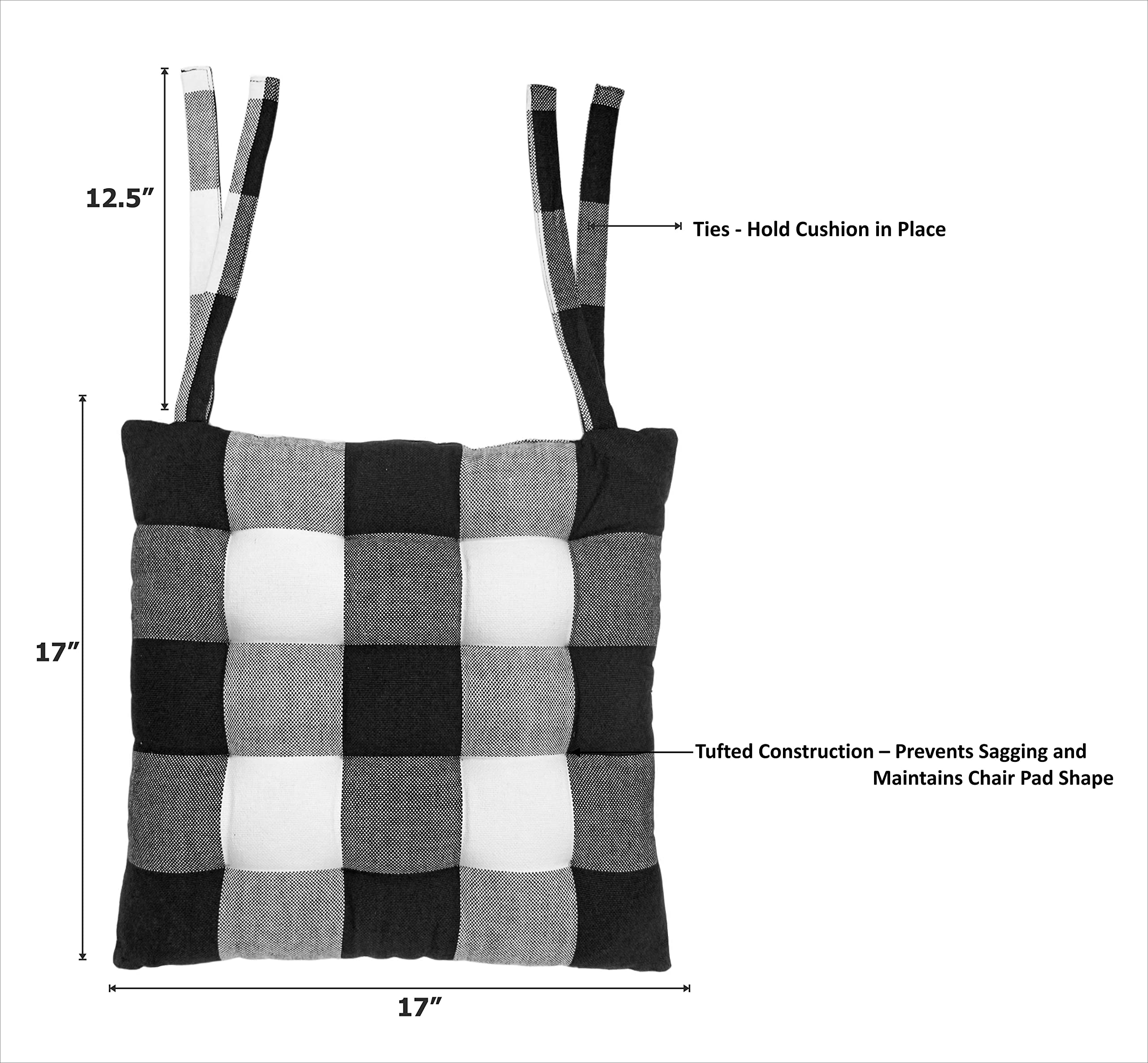 COTTON CRAFT Chair Cushion Pads - Set of 4 - Buffalo Gingham Check - Dining Kitchen Office Chair Seat Cushion with Ties - Durable Cotton Fabric - Thick Comfy Poly Fill - Indoor Use - 17x17 in β Black