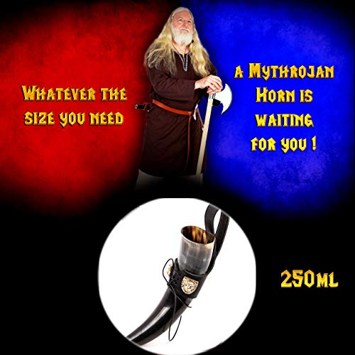 Mythrojan THE LION ALWAYS PAYS ITS DEBTS - Viking Drinking Horn with Black Leather holder Authentic Medieval Inspired Viking Wine/Mead Mug β Polished Finish