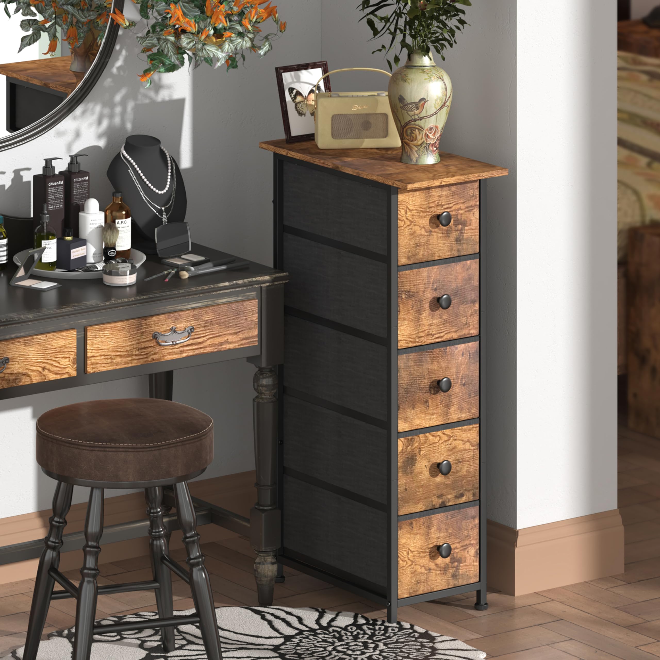 GiftGo Narrow Dresser Vertical Slim Dresser Chest of Drawers Skinny Storage Tower for Small Spaces Gaps Closet Bedroom Bathroom Small Fabric Drawer Unit (Rustic Brown, 5 Drawers)