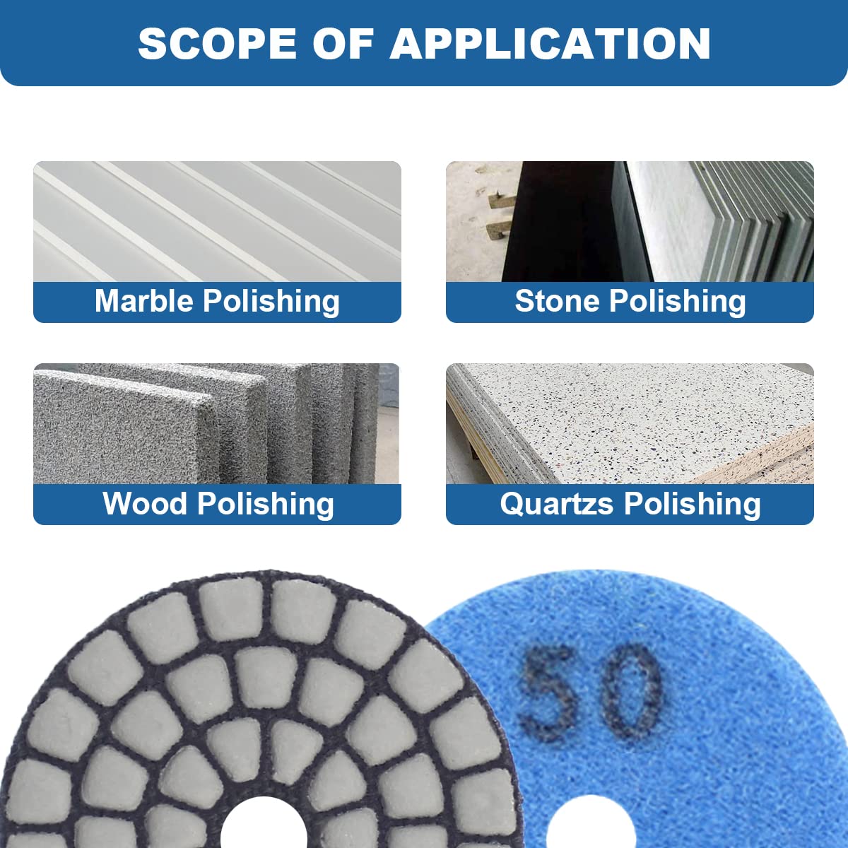 FINGLEE DT 2 Inch Diamond Polishing Pads with 7Pcs Dry Wet Granite Stone Polish Pad Kit for Drill,50-3000 Grit Polishing Pad (7Pcs Dry Pads+1 Drill Adapter)