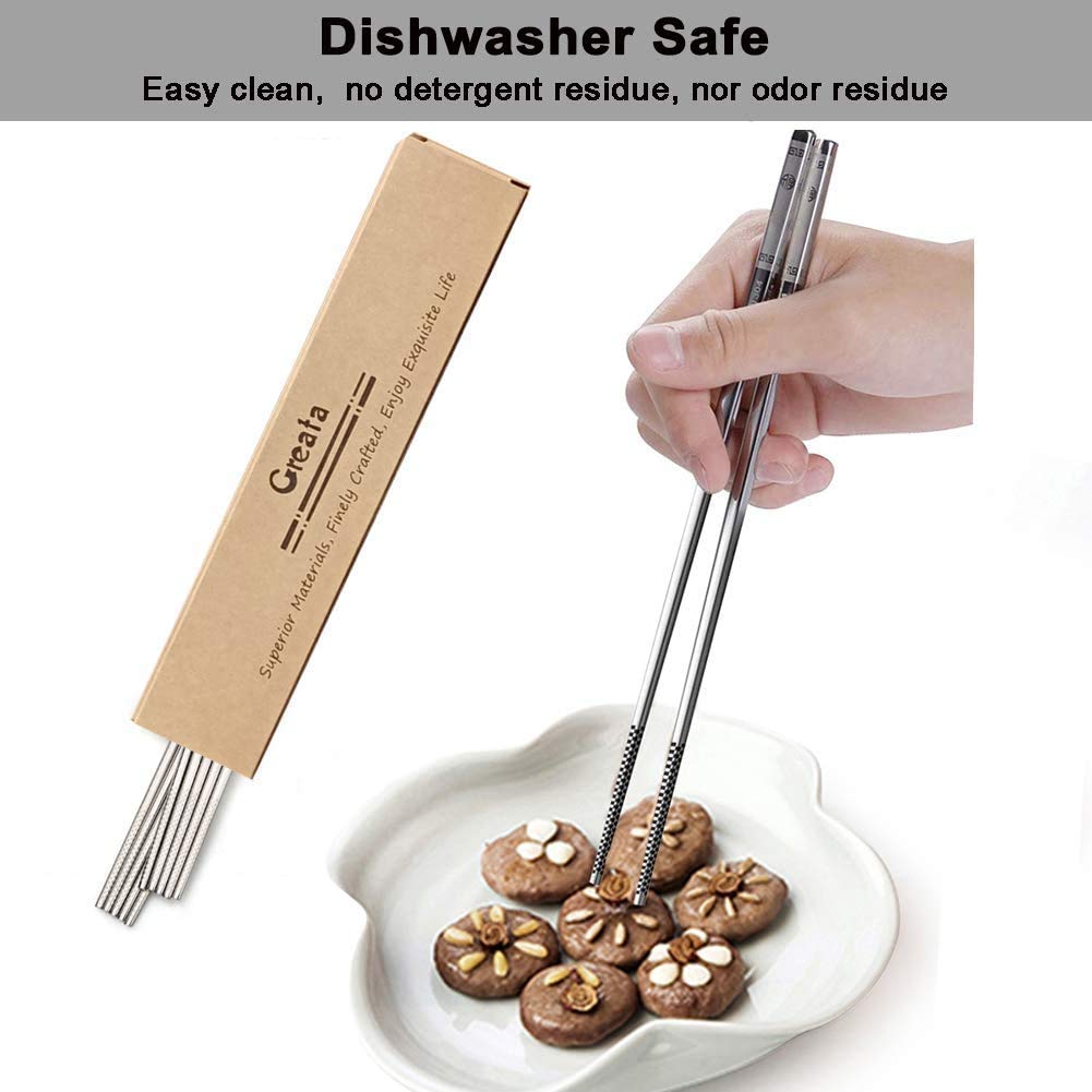 Chopsticks Reusable Metal Chopsticks 304 Stainless Steel Chopsticks Set Square Non-slip Dishwasher Safe Premium Quality Lightweight Reusable Chop Sticks Japanese Korean Laser Engraved 5 Pairs Gift Set