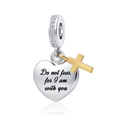 MZC Jewelry Cross Heart Charm for Pandora Bracelets Engraved Do not Fear, for I am with You Bible Christian God Jesus Dangle Bead Birthday Gift for Mom Women Family
