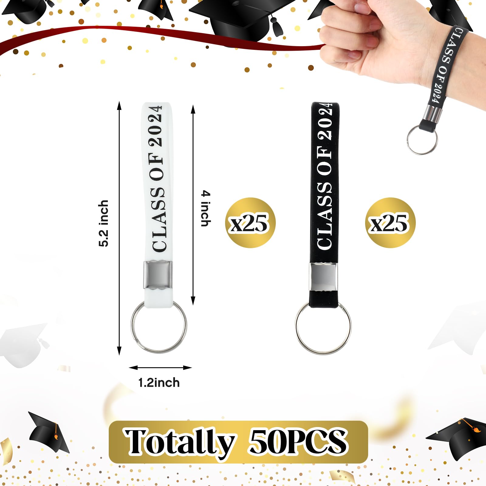 Ecation 50 Pcs Class of 2024 Graduation Keychains Silicone Rubber Keyring Graduation Party Favors Gifts for Student School (White, Black)