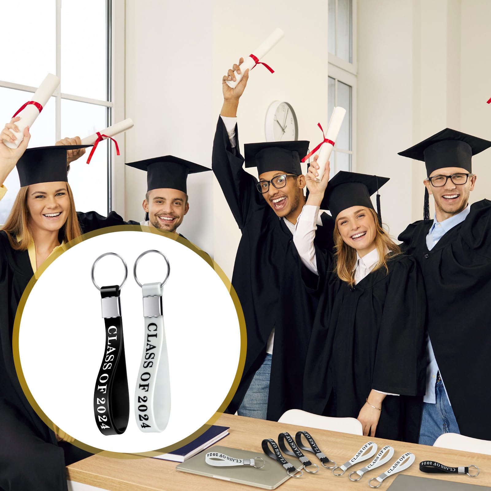 Ecation 50 Pcs Class of 2024 Graduation Keychains Silicone Rubber Keyring Graduation Party Favors Gifts for Student School (White, Black)