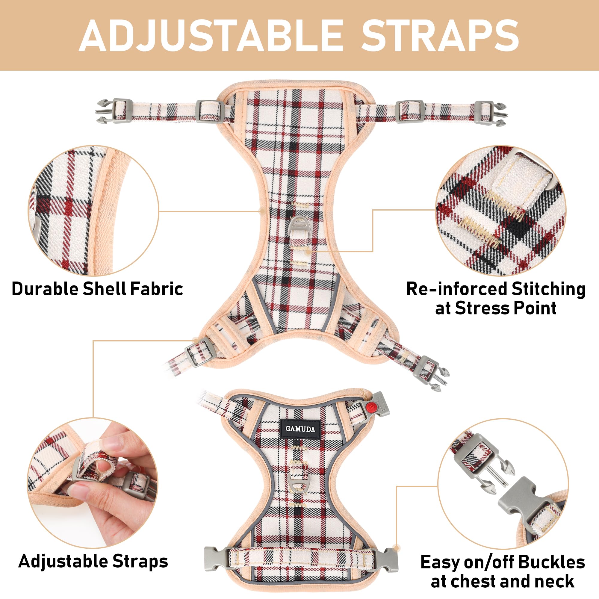 GAMUDA Dog Harness Collar and Leash Set, Dog Harness, No Chock No Pull Adjustable Vest Harnesses Plaid Reflective for Medium Dog, Cat, Small Horse, Small Bull and Pig (Beige, S)