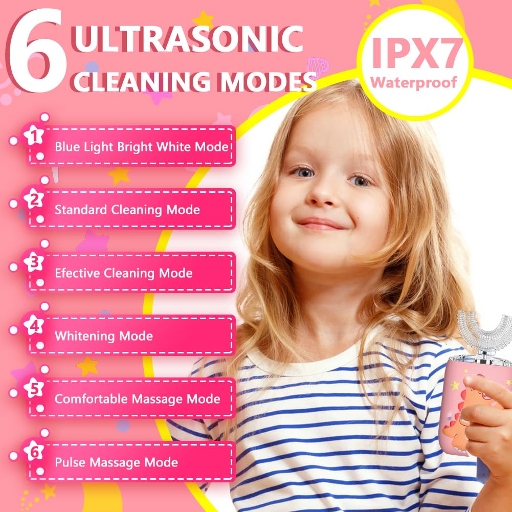 Kids Electric Toothbrush U Shaped Ultrasonic Automatic Brush with 2 Brush Head 6 Sonic Clean Modes IPX7 Waterproof Unicorn Design Whole Mouth Rechargeable Smart Timer Toothbrushes for Children 2-6